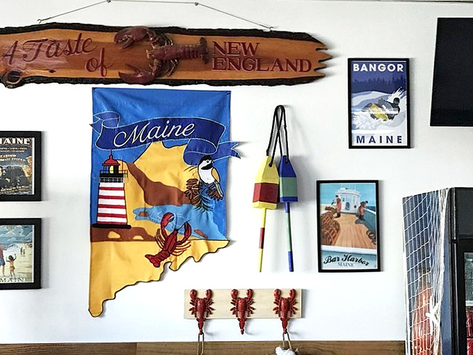 Wall decorations that remind you this isn't just a restaurant&mdash;it's a portal to Maine. That wooden sign has seen some stories.