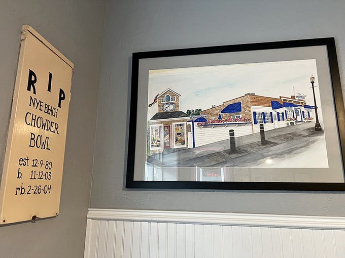 Wall art that tells stories of meals past and meals to come. This tribute to the original Chowder Bowl preserves coastal dining history.