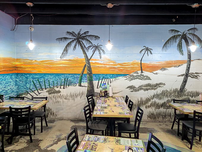 The beach mural isn't just decoration&mdash;it's a promise of the coastal flavors waiting on your plate, palm trees included.