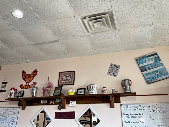 Wall decor that doesn't come from a corporate catalog but from the heart. That chicken sign isn't just decoration&mdash;it's practically the restaurant's mission statement.