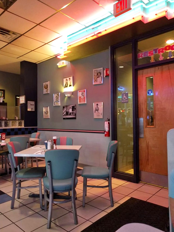 Vintage photos and neon lighting create the perfect backdrop for late-night confessions and early morning philosophizing over coffee.