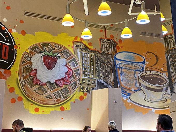 Vibrant murals celebrate breakfast icons&mdash;waffles, coffee, and Detroit's skyline come together in a colorful tribute to morning rituals.