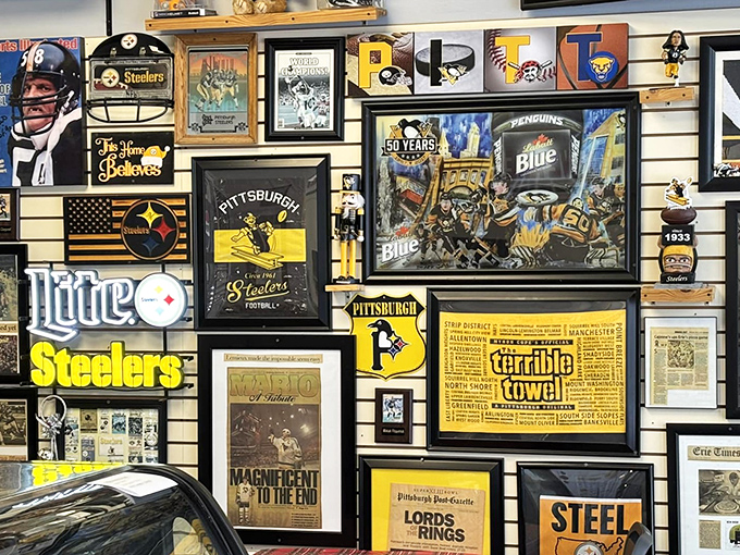 Not just decoration—this wall tells stories of Pittsburgh's greatest sports moments, creating a museum where the admission price is simply ordering pizza.