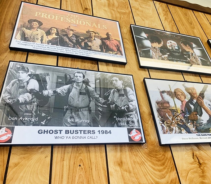 Movie memorabilia adorns the walls, proving great taste extends beyond just what's on your plate.