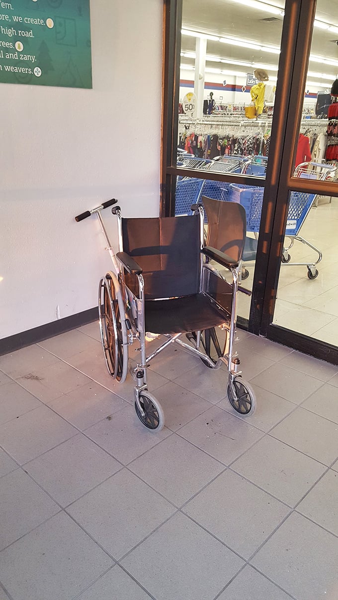 Accessibility matters at Goodwill, where everyone deserves the thrill of the hunt. This wheelchair stands ready to assist shoppers.