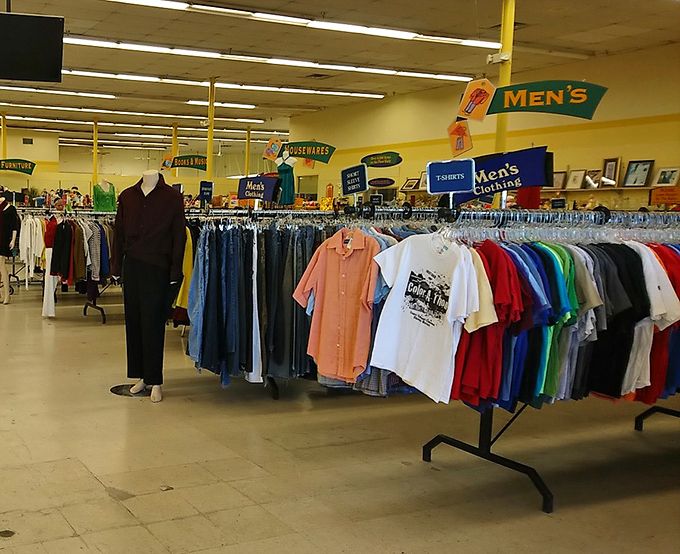 The men's department &ndash; where Hawaiian shirts and business casual live side by side like neighbors who wave but never really talk.