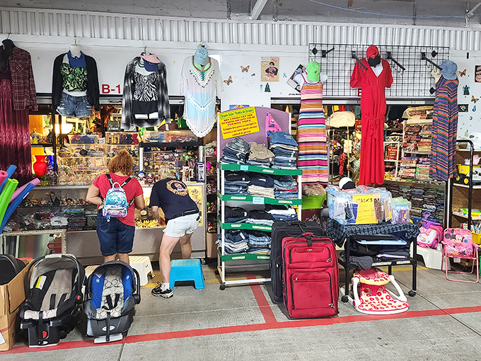 Clothing treasures await eagle-eyed shoppers, where car seats and colorful dresses share space in this retail democracy.