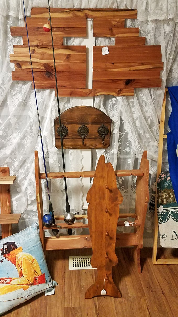 Rustic wooden crafts including a cross and fish silhouette speak to Tennessee's deep-rooted faith traditions and outdoor lifestyle.