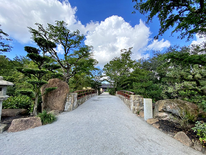The Yamato-kan Bridge looking like it was airlifted straight from Kyoto, minus the shipping costs.