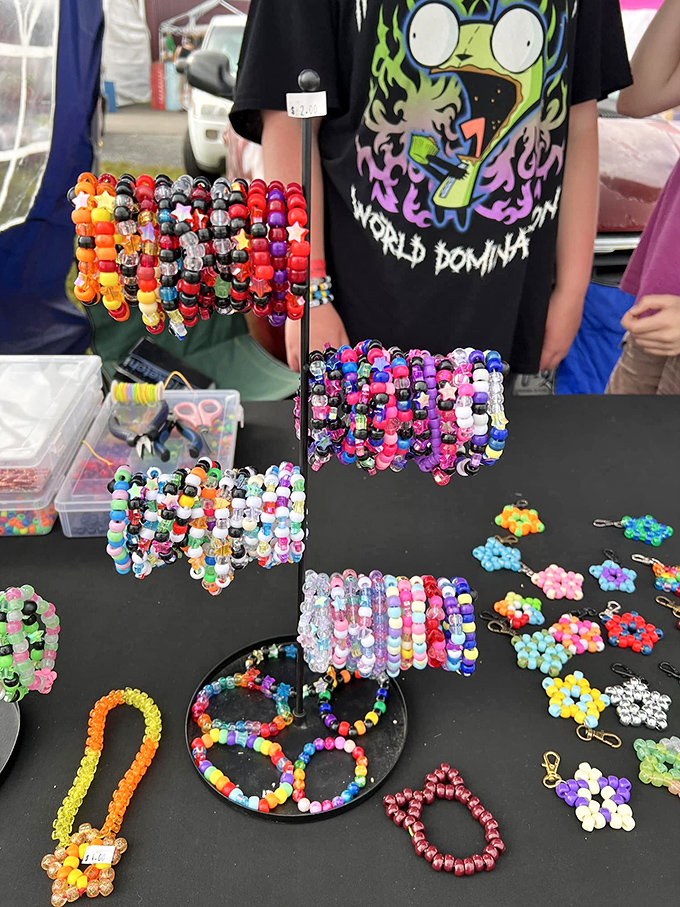 Handcrafted beaded jewelry displays showcase the vibrant creativity of local artisans, each bracelet a wearable rainbow of personality.