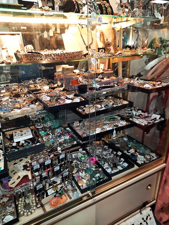 This jewelry case glitters with the fashion statements of bygone eras, from costume pieces that adorned USO dancers to mid-century modern designs.