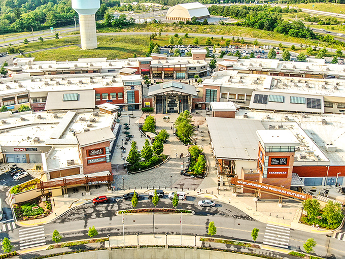 From above, the outlet's thoughtful design reveals itself&mdash;a masterpiece of retail architecture engineered to separate you from your money in the most pleasant way possible.