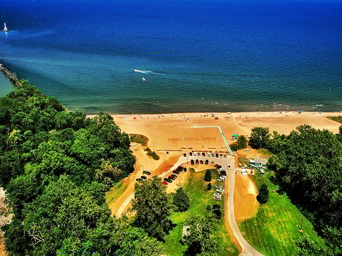 Lake Erie's beachfront real estate, seen from above&mdash;where "getting away from it all" still includes volleyball courts and ice cream.