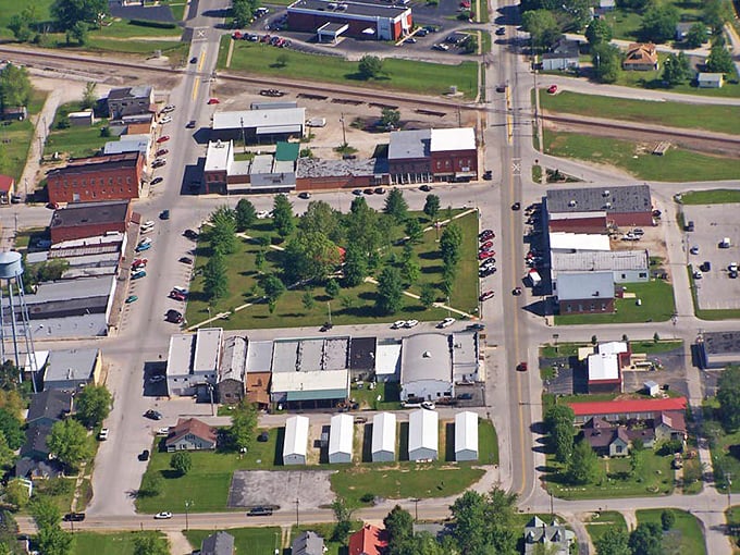 This aerial view reveals Seymour's thoughtful layout, with its central green space surrounded by businesses &ndash; small-town planning at its finest.