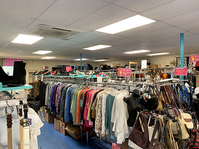 Racks upon racks of clothing stretch toward the horizon, a rainbow of possibilities all priced to make your wallet smile. 