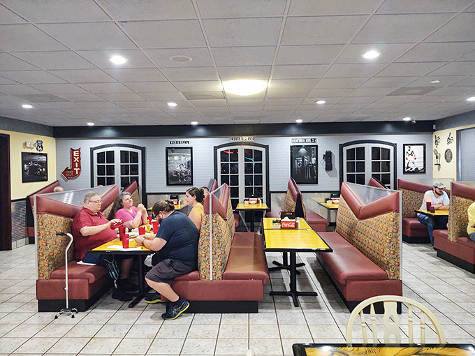 Classic booth seating arranged for privacy and comfort &ndash; the perfect setting for solving the world's problems over pancakes.