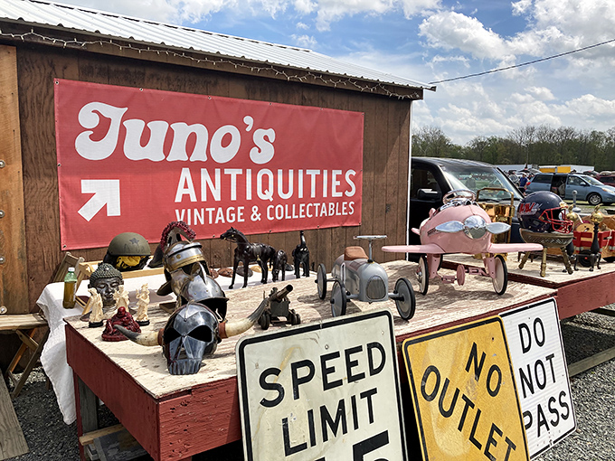 Juno's Antiquities offers roadside Americana where vintage helmets and street signs create the perfect backdrop for your next Instagram moment.