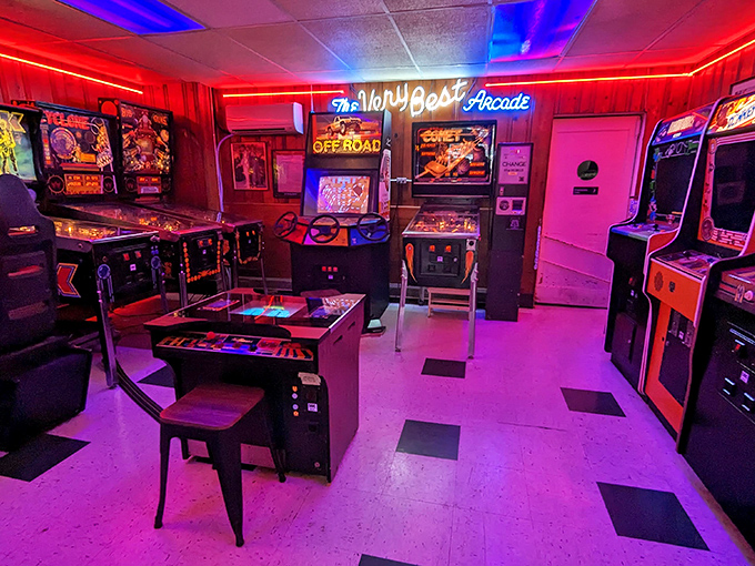 The unexpected arcade room glowing with nostalgia. When your thumbs need a workout after your stomach is full.