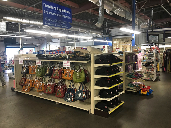 Handbag heaven under the "Furniture Department" sign&mdash;proof that organizational logic takes a backseat to the thrill of the hunt in thrift store geography.