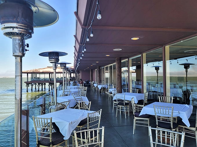The outdoor deck seating proves that white tablecloths and sea breezes are the perfect pairing &ndash; especially when heaters keep the fog's chill at bay.
