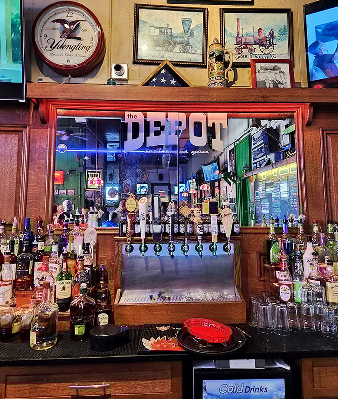 
The bar area showcases both railroad heritage and impressive tap selection. That Yuengling clock suggests they know their beer as well as their food. 