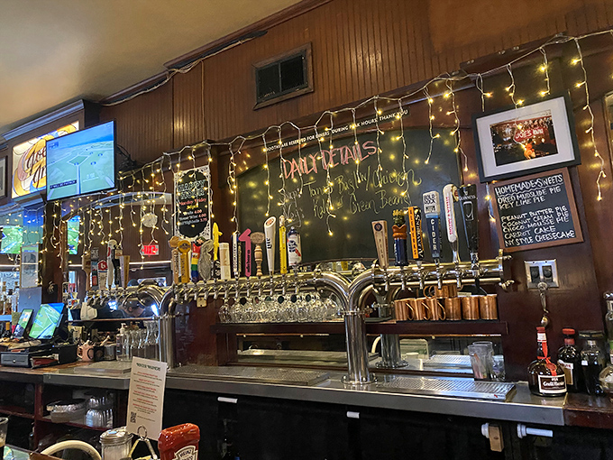 The bar glows with enough beer taps to make any craft brew enthusiast feel like they've found treasure.