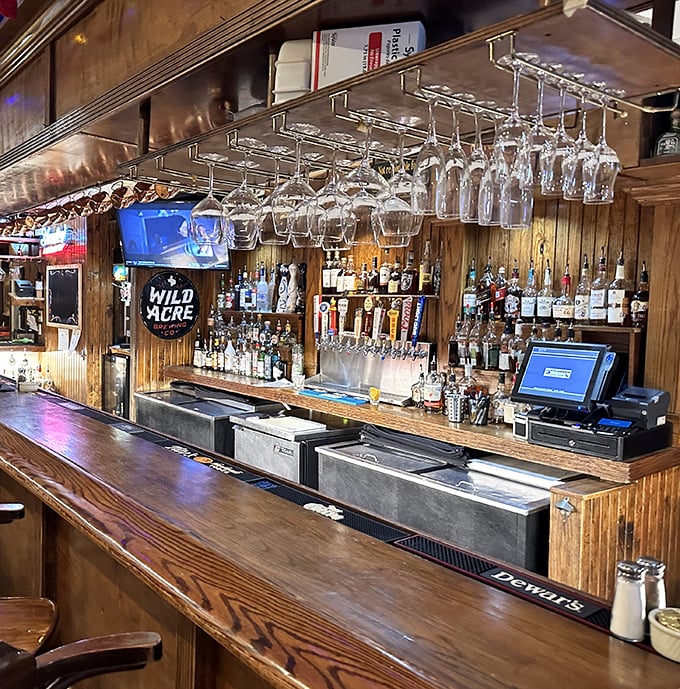 A bar that's seen more stories than a library. Those hanging glasses await their moment in the great Texas steak experience.