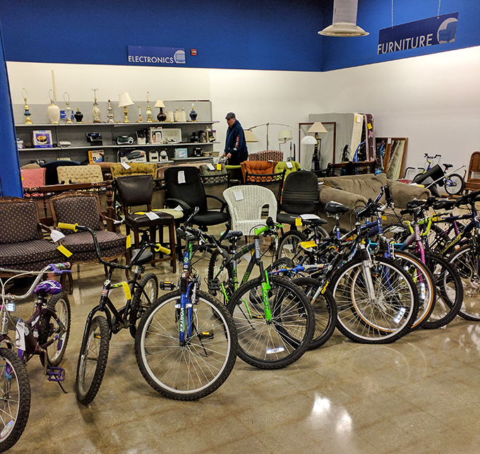 The transportation hub: where perfectly good bicycles and comfy chairs create the ultimate "something for everyone" shopping experience.