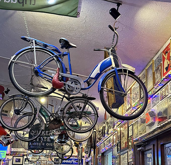 The bicycle collection hanging from the ceiling isn't just decoration&mdash;it's a gravity-defying museum. These two-wheeled treasures watch over diners like mechanical guardian angels.