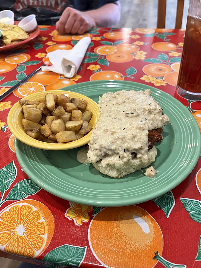 Biscuits and gravy with potatoes&mdash;the breakfast equivalent of a warm hug from your favorite Southern grandma.