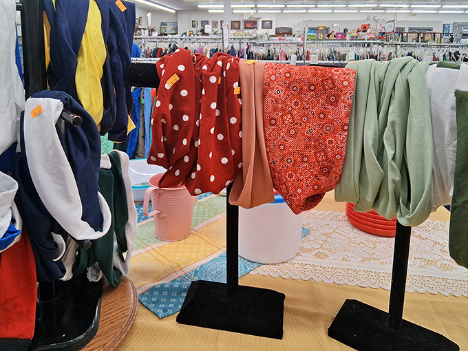 Fabric fashion show! These scarves and textiles hang like colorful flags, each representing a different style territory waiting to be claimed.