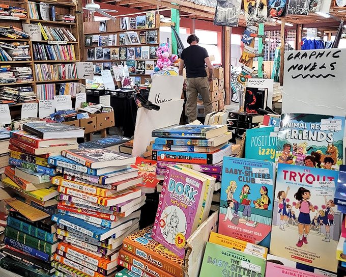 Book bonanza where literary treasures stack up like skyscrapers. Children's classics mingle with paperback romances in this reader's paradise.
