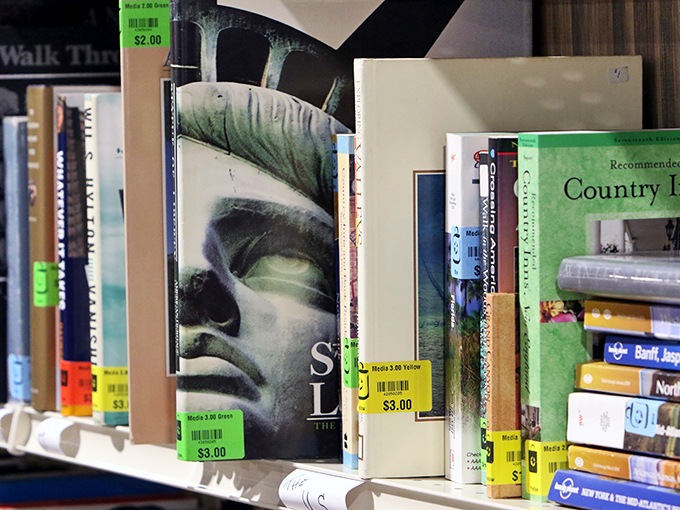 Books stacked like vertical time machines, each spine a doorway to worlds unknown, all for less than the price of a fancy coffee.