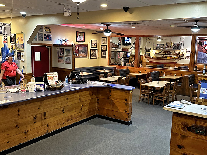 Wooden booths and nautical touches create the perfect backdrop for seafood feasting. Like dining in the captain's quarters of a particularly delicious ship.