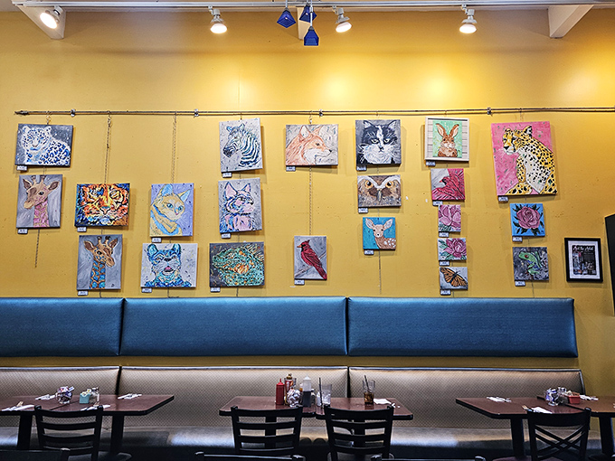 Art-lined walls make waiting for your food a pleasure rather than a chore. This yellow wall gallery proves Grumpy's feeds more than just your stomach.