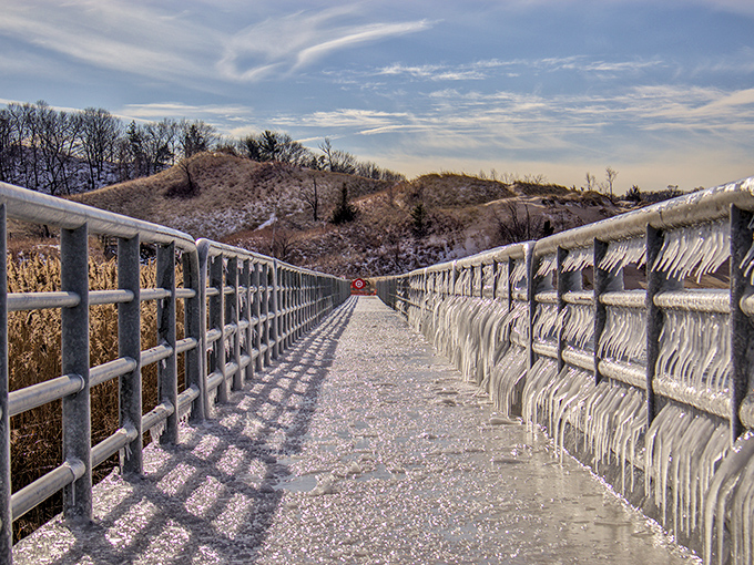 Winter transforms the breakwater into a crystalline wonderland that would make Elsa jealous, proving Indiana has seasons beyond "hot" and "corn."