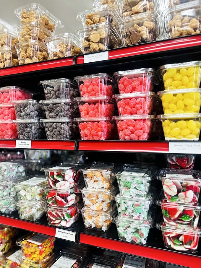 Candy displays that transport you straight back to childhood, arranged in neat containers like edible jewels waiting to be discovered.