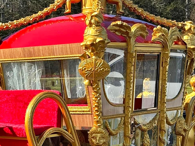 A gilded carriage fit for Cinderella herself sits on the castle grounds, its ornate details and crimson upholstery promising magical journeys.