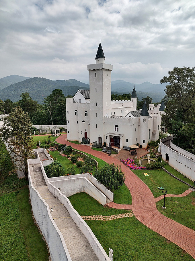 Moody skies create dramatic backdrops for the castle's towers, like Mother Nature providing free special effects for your vacation photos.