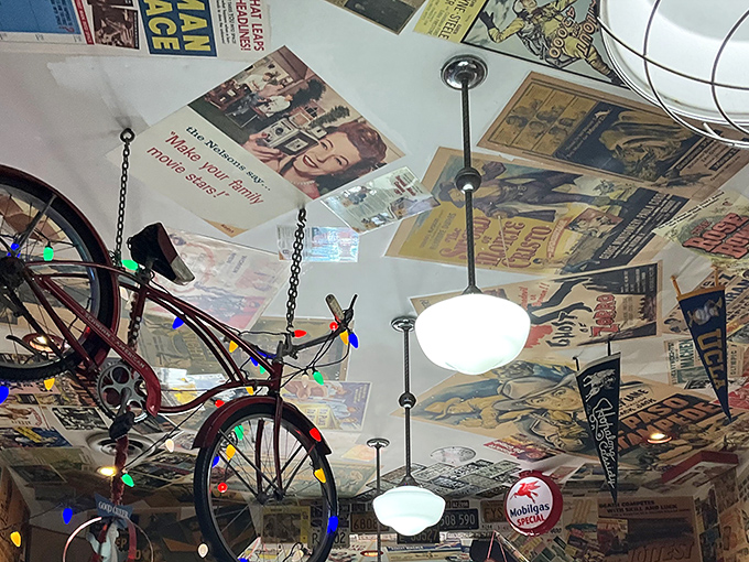 Look up and the nostalgia continues. That bicycle hanging from the ceiling isn't random&mdash;it's proof that memories can defy gravity.