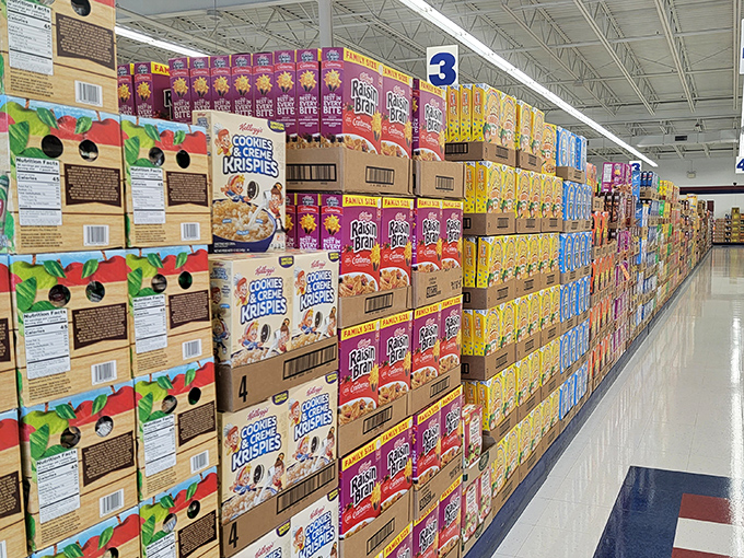Cereal box mountain range stretching as far as the eye can see. Breakfast champions and midnight snackers, your affordable paradise awaits.