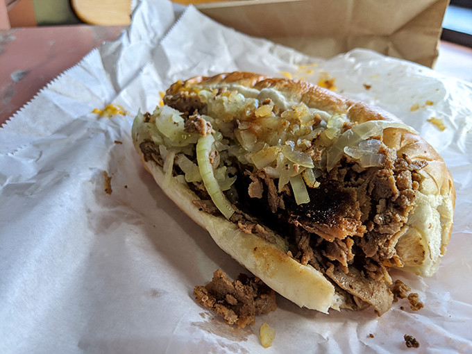 Another angle on cheesesteak perfection&mdash;tender meat, melted cheese, and a roll that's both soft and sturdy. The holy trinity of sandwich architecture.