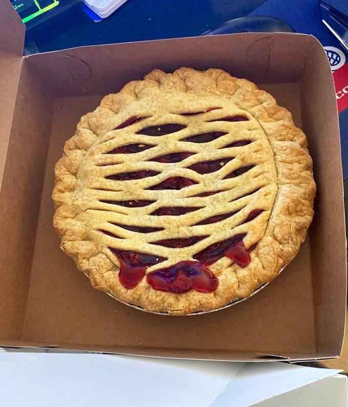 Cherry pie with that lattice top your grandmother aspired to perfect &ndash; the filling peeking through like ruby gems.