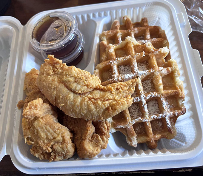 Chicken and waffles: breakfast or dinner? The answer is "yes." Sweet meets savory in this plate of pure genius.