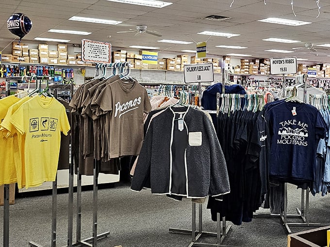 The clothing section offers everything from casual tees to mountain-ready gear, perfect for those "I forgot to pack a sweatshirt" moments.