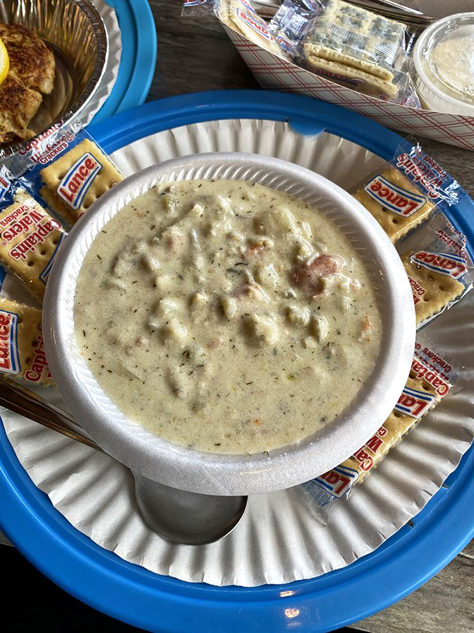 Creamy chowder surrounded by crackers like a life raft in a sea of deliciousness &ndash; comfort food that tastes like someone's grandma made it with love.
