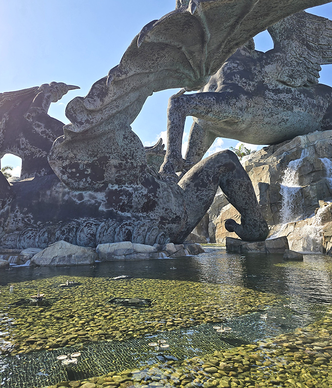 Water features at the base create a mesmerizing aquatic stage for this aerial drama.