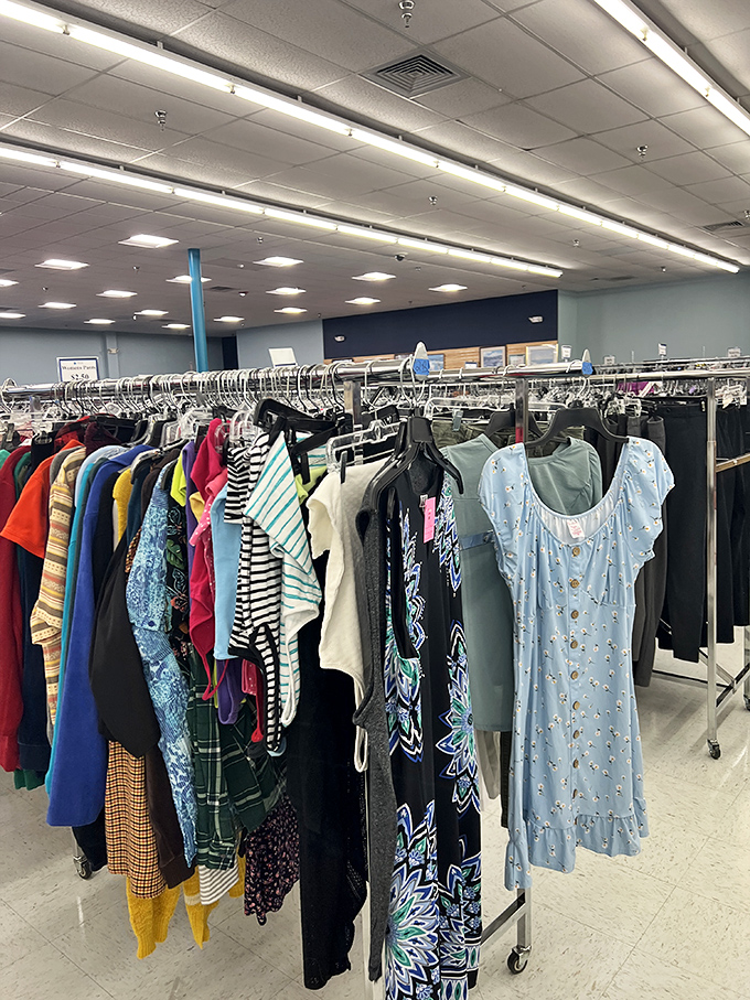 Clothing racks organized by size and type—a rainbow of possibilities where designer labels hide among everyday finds.