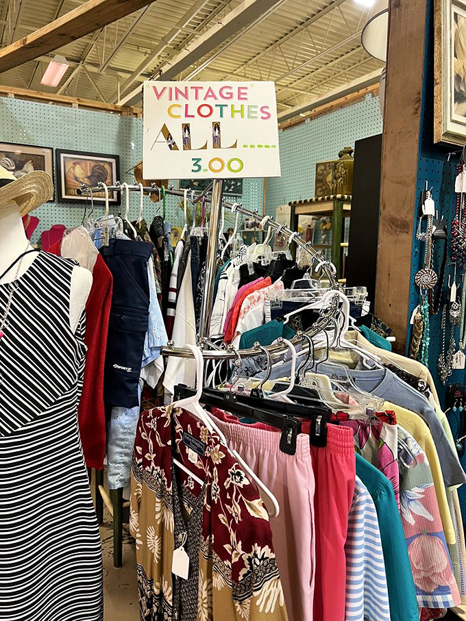 Vintage fashion at bargain prices! These racks hold someone's 1980s power suit, 1970s disco outfit, and possibly your next conversation-starting party ensemble.