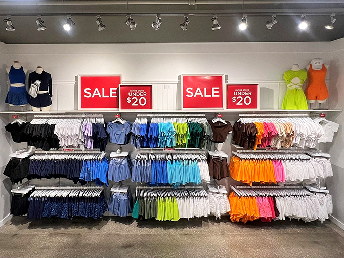 Athletic wear organized by color creates a shopping experience that's both visually stunning and wallet-friendly.